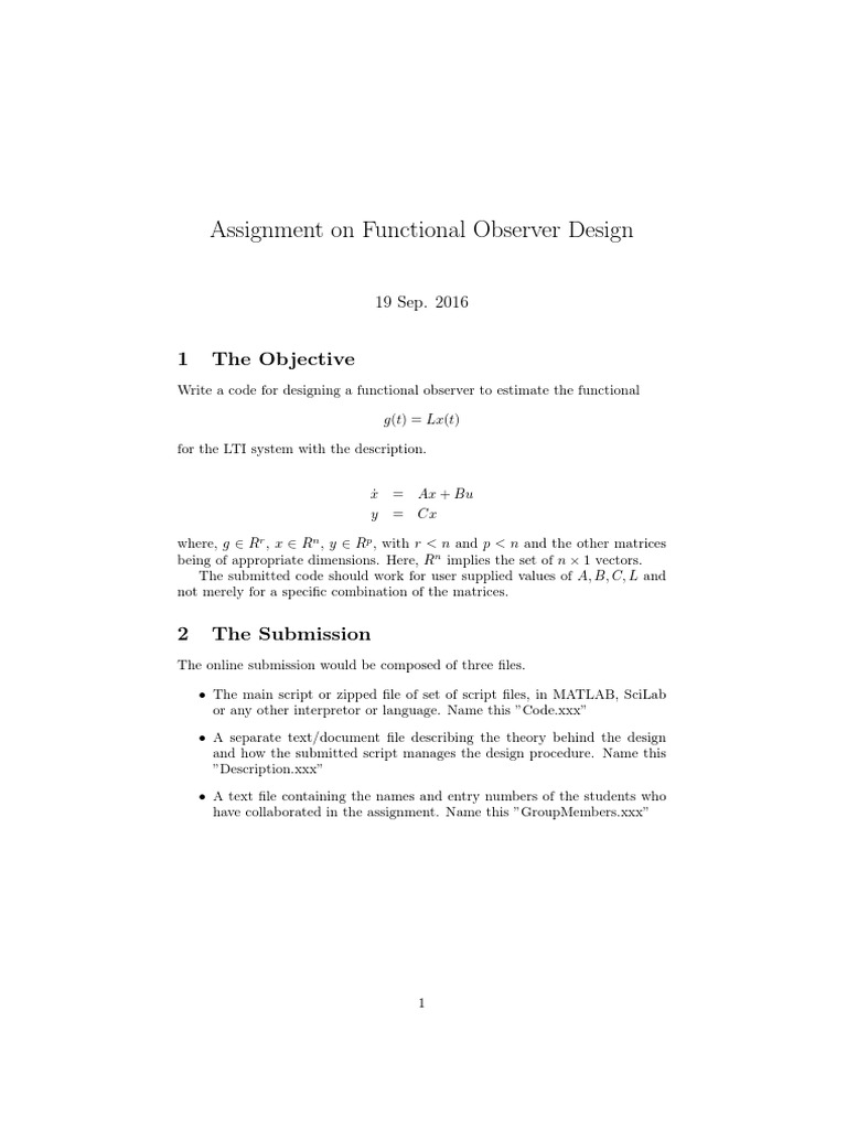 Assignment Functional Observer | PDF
