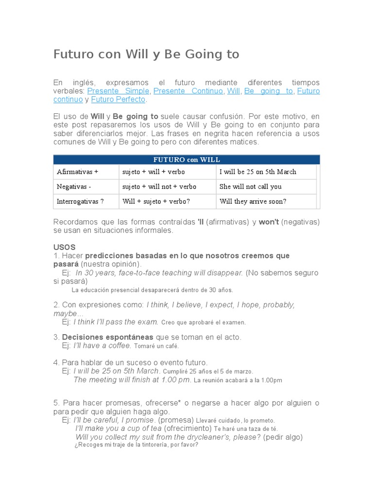 Diferencias entre Will y Be Going To | PDF | Entretenimiento (general ...