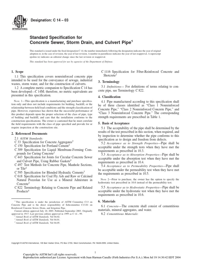 Astm C14 | PDF | Concrete | Pipe (Fluid Conveyance)