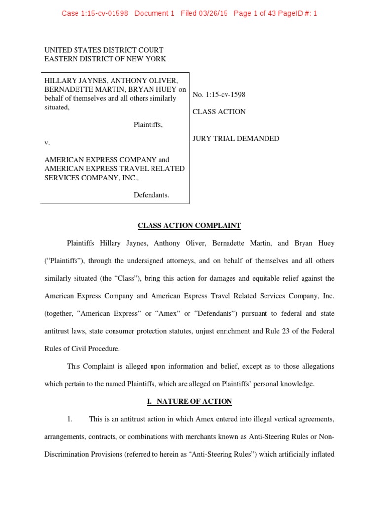 Jaynes Et Al V Amex - Antitrust - Complaint March 2015 | PDF | American ...