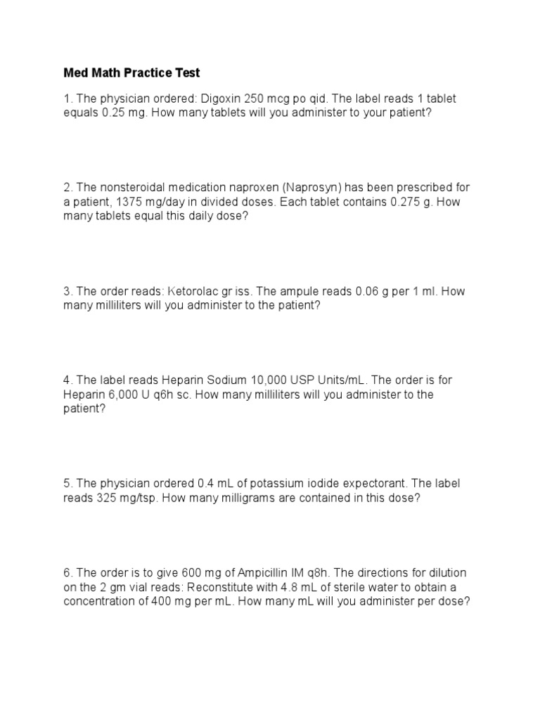 Med Math Practice Test | PDF | Dose (Biochemistry) | Chemistry