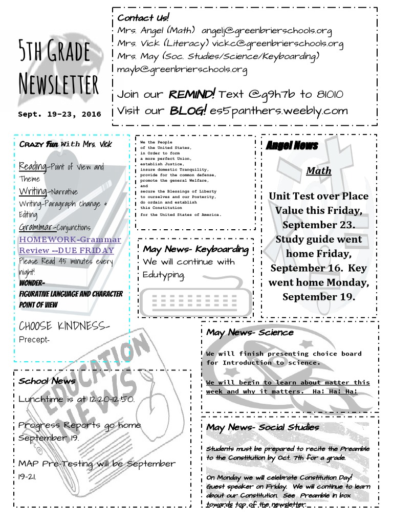 5th Grade Newsletter | PDF