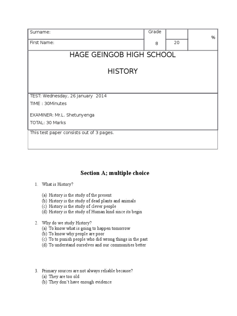 Hage Geingob High School History: Section A Multiple Choice | PDF
