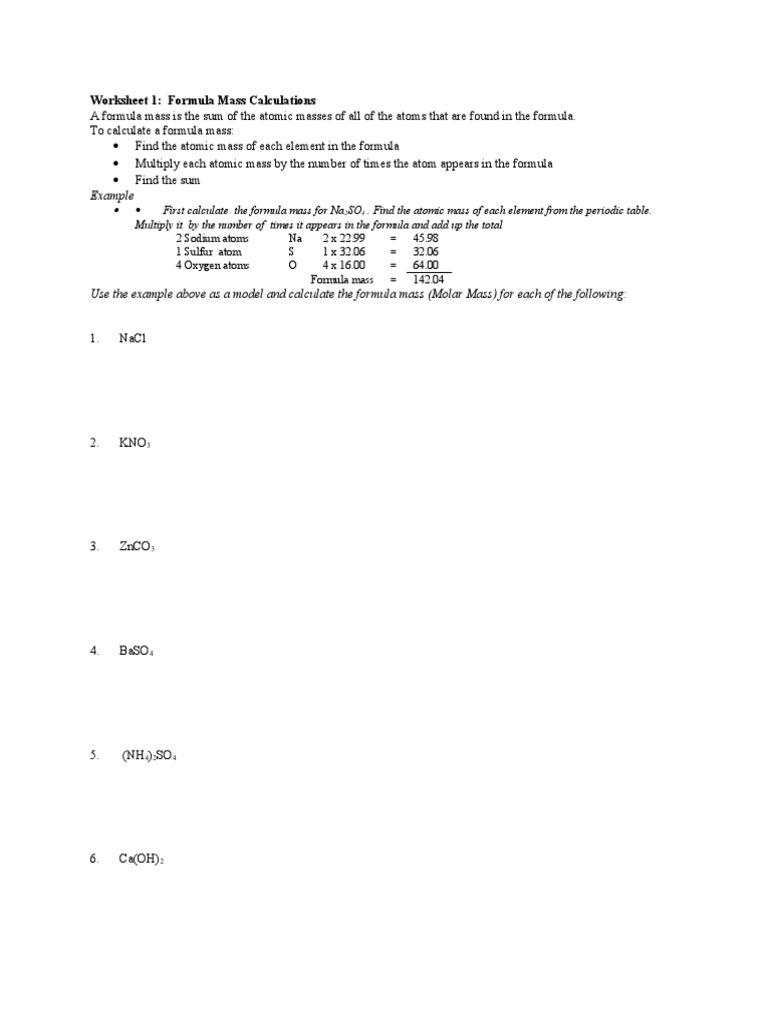 Example: Worksheet 1: Formula Mass Calculations | PDF