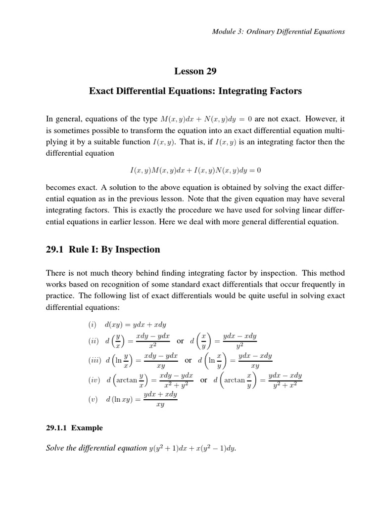 Lesson 29 Exact Differential Equations: Integrating Factors | PDF | Equations | Integral