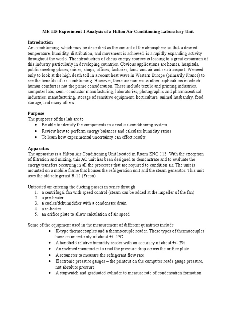 ME 115 Experiment 1 Analysis of A Hilton Air Conditioning Laboratory ...