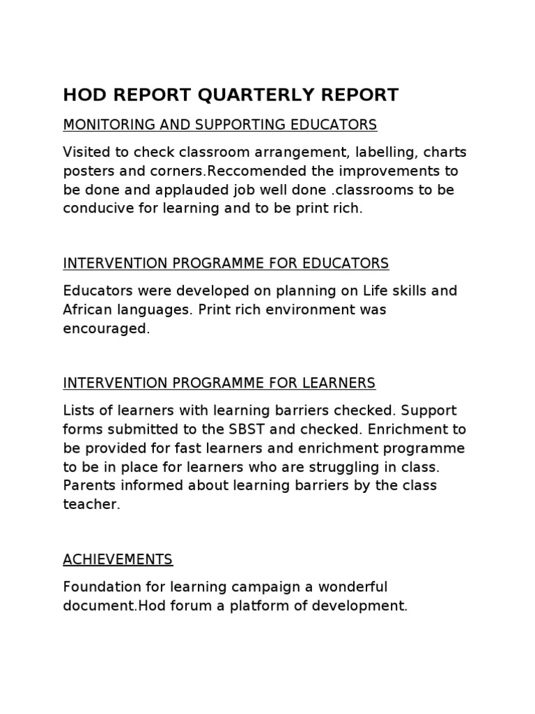 Quarterly HOD Report on Educator Support | PDF