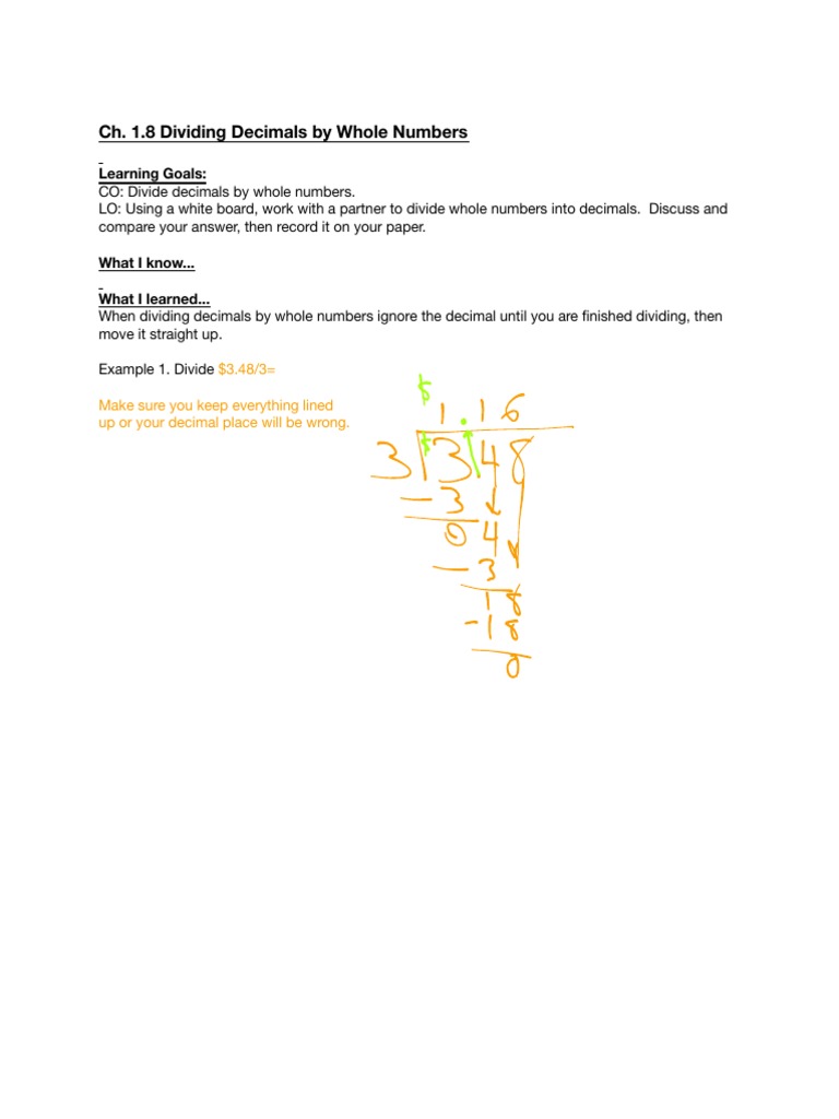 Dividing Decimals by Whole Numbers Guide | PDF