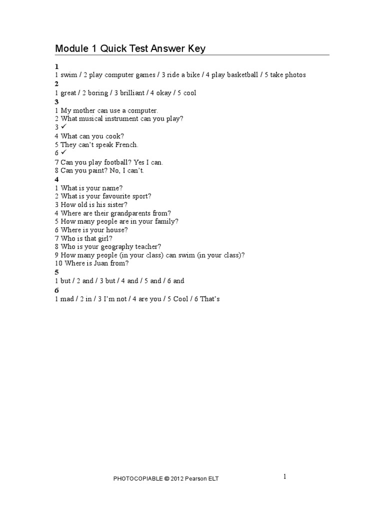 Module 1 Quick Test Answer Key: PHOTOCOPIABLE © 2012 Pearson ELT | PDF ...