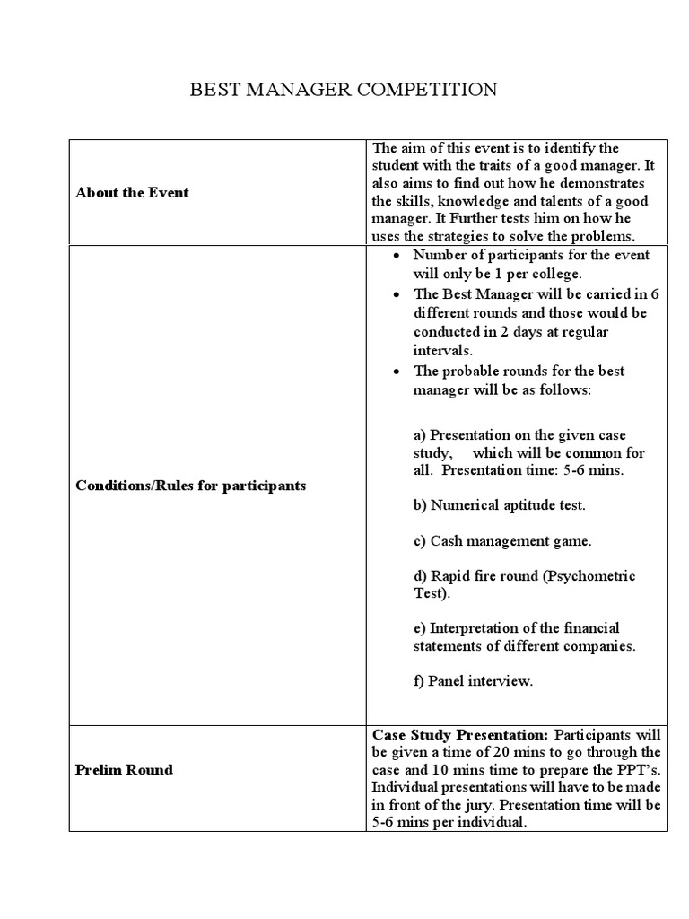 Best Manager Competition: About The Event | PDF