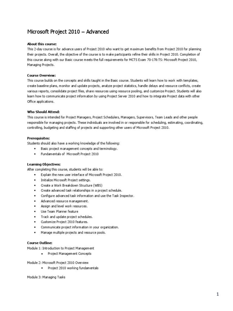 Training MS Project 2010-Advanced | PDF | Project Management | Computing