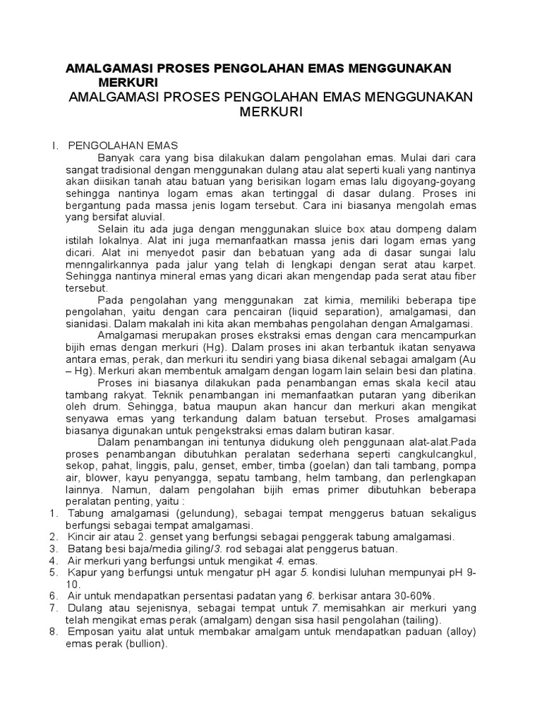 Amalgamasi Proses Pengolahan Emas Menggunakan Merkuri | PDF
