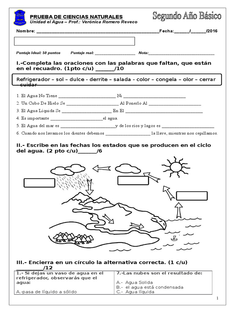 Prueba de Unidad Del Agua | Evaporación | El ciclo del agua Prueba de Unidad Del Agua | Evaporación | El ciclo del agua