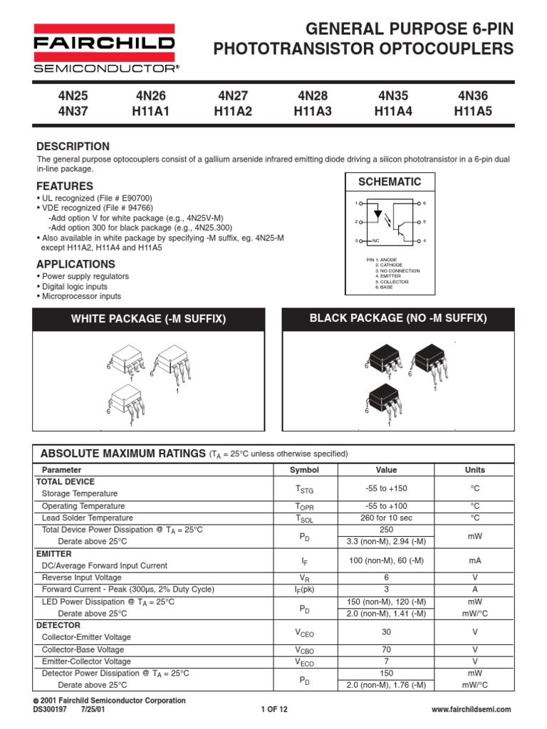 General Purpose 6-Pin Phototransistor Optocouplers: 4N25 4N26 4N27 4N28 ...