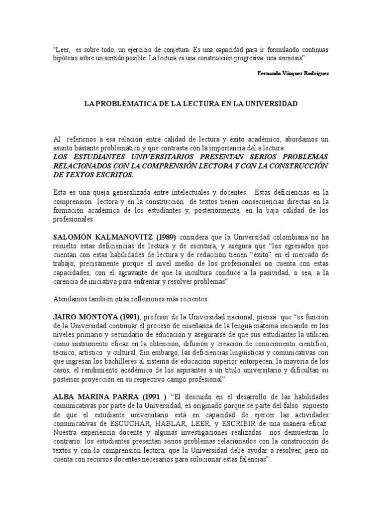 La Problemática de La Lectura en La Universidad | PDF | Comprensión ...