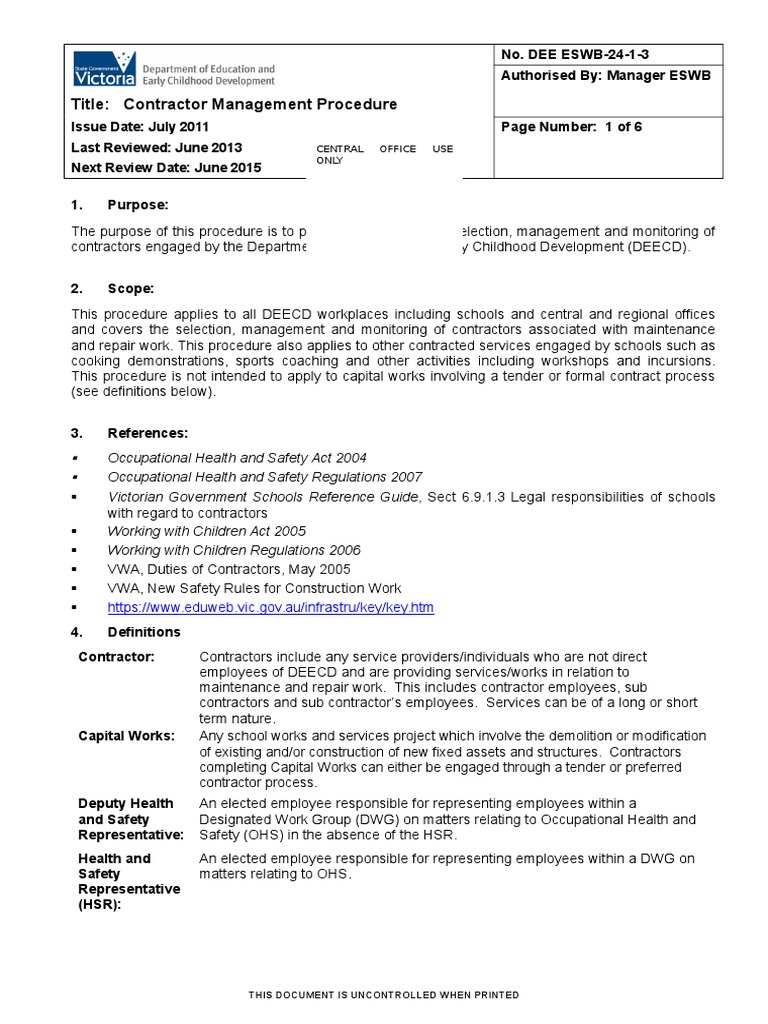 Title: Contractor Management Procedure: Central Office Use Only | PDF ...