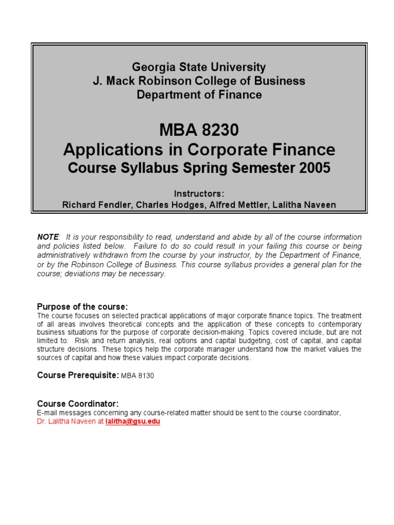MBA 8230 Applications in Corporate Finance: Course Syllabus Spring ...