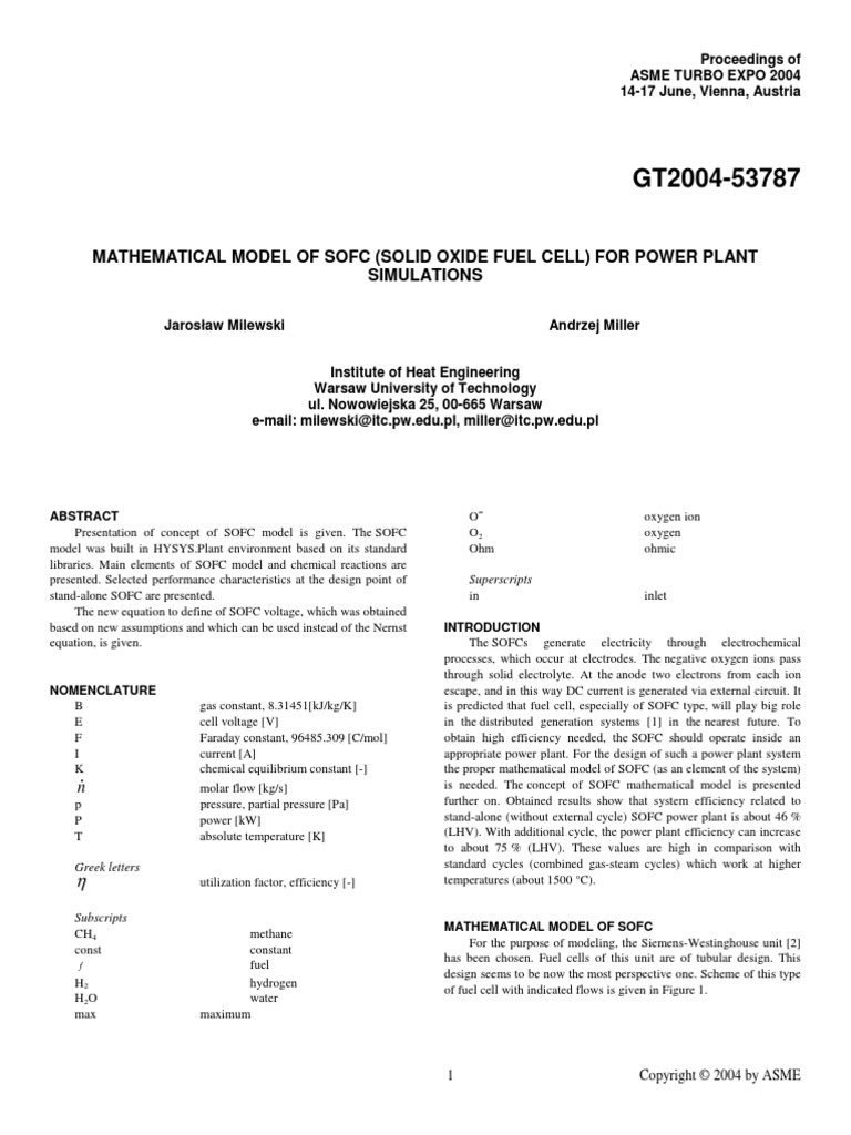 Mathematical Model of SOFC (Solid Oxide Fuel Cell) For Power Plant ...