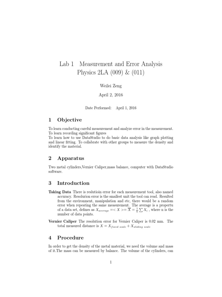 Lab 1 Measurement and Error Analysis Physics 2LA (009) & | PDF ...