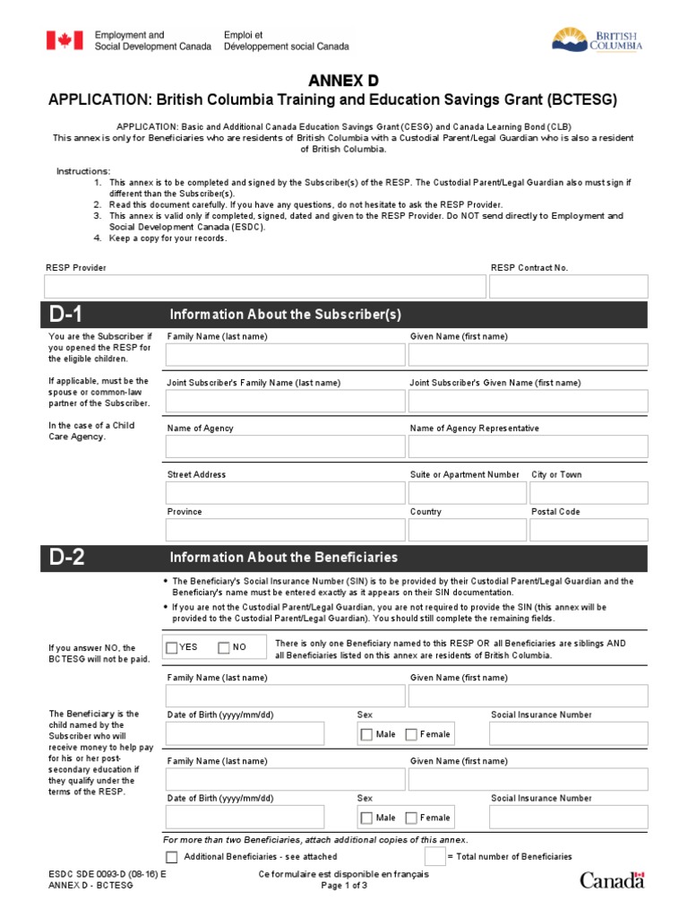 Annex D: APPLICATION: British Columbia Training and Education Savings ...