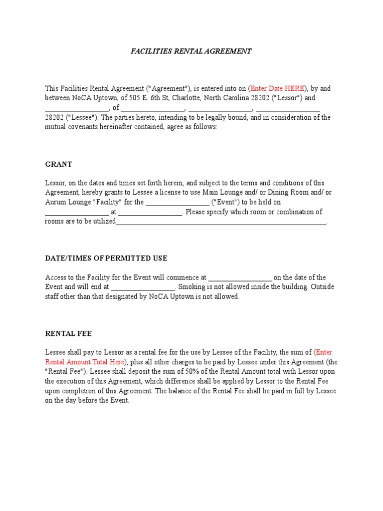 Facilities Rental Agreement | PDF | Lease | Indemnity