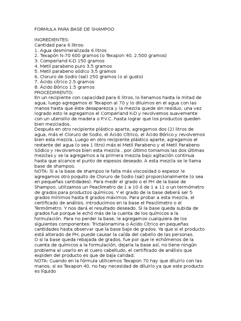 Formula para Base de Shampoo | PDF | El plastico | Agua