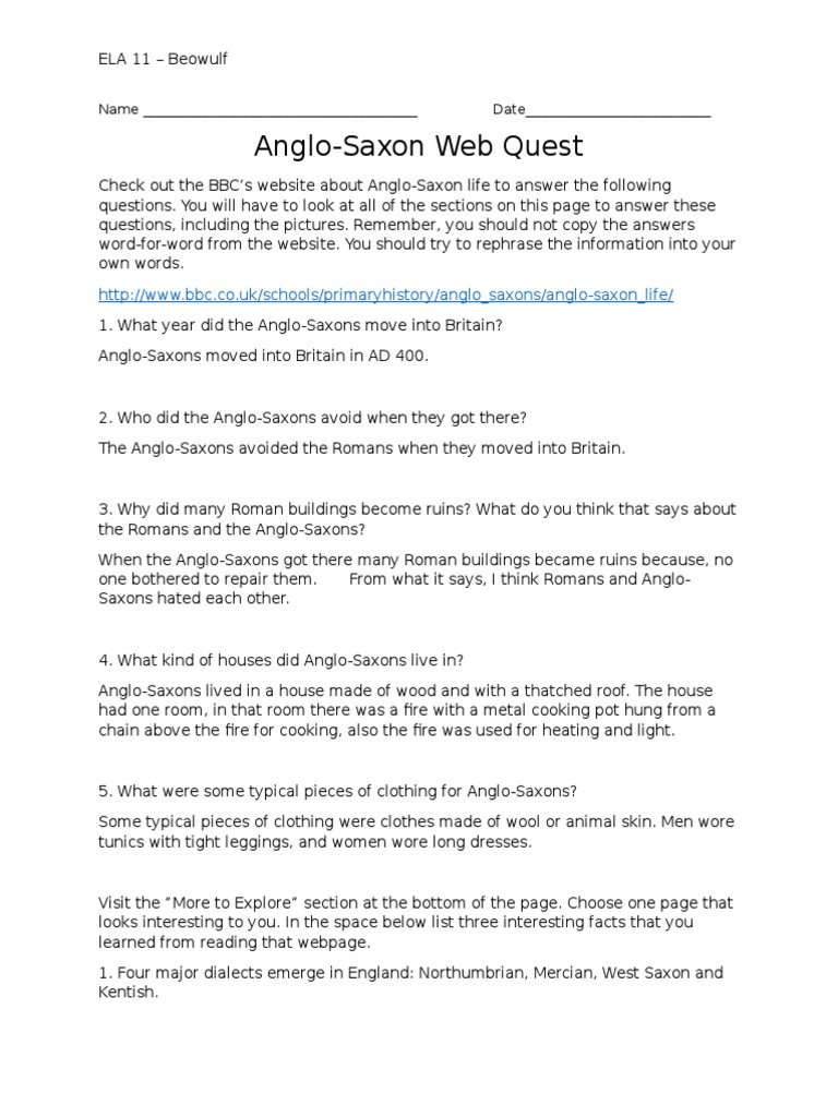 ELA 11 - Beowulf Anglo-Saxon Web Quest | PDF