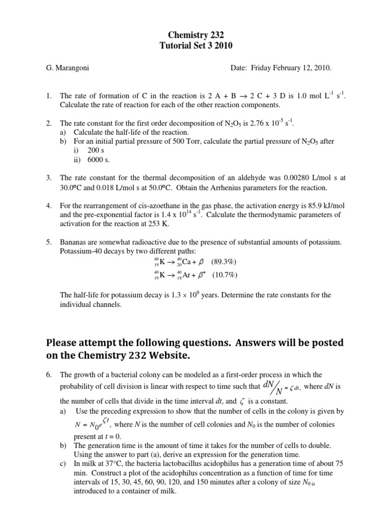Chemistry 232 Tutorial Set 3 Solutions | PDF | Reaction Rate Constant ...