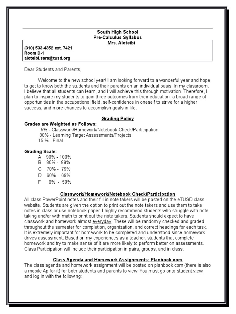Pre Calculus Syllabus | PDF | Homework | Educational Assessment
