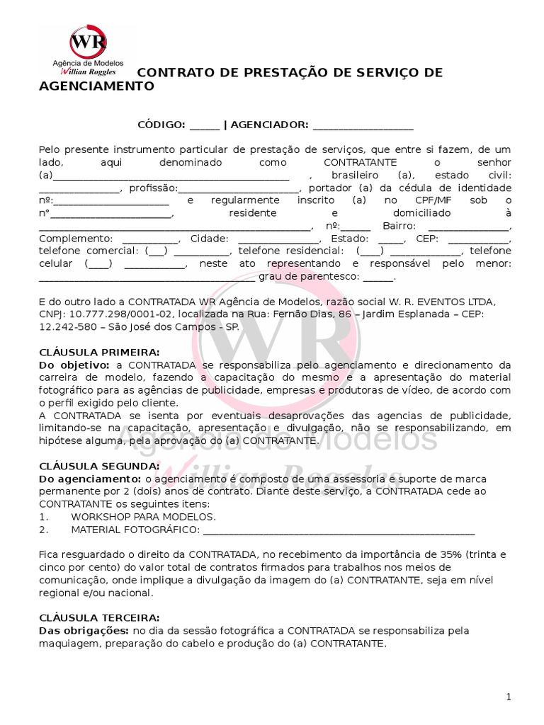 Contrato de Agenciamento de Modelos - WR Modelos 2014 Jundiaí | PDF ...