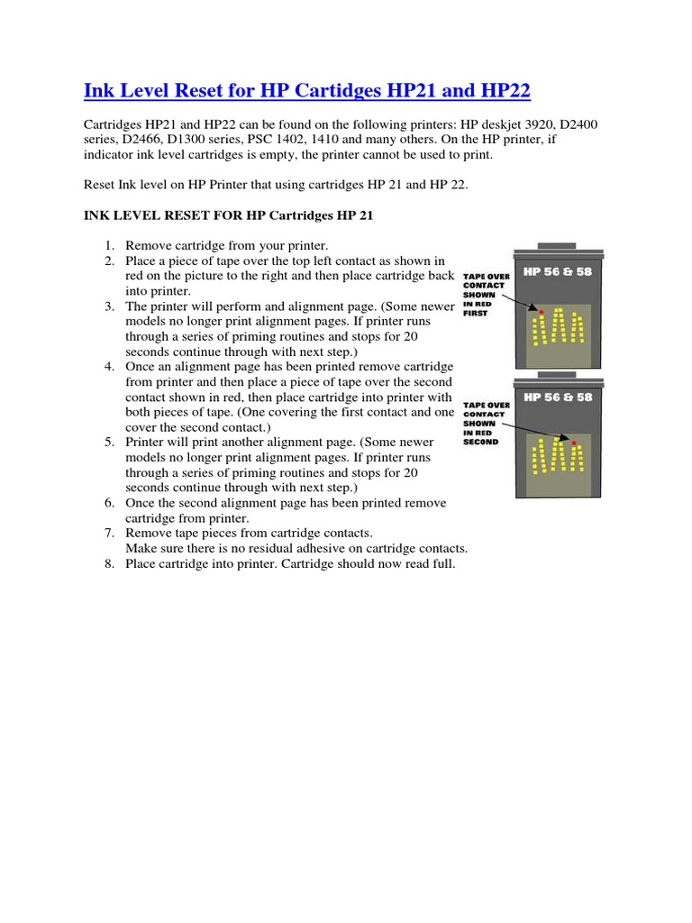 Ink Level Reset For HP Cartidges HP21 and HP22 | PDF | Printer ...