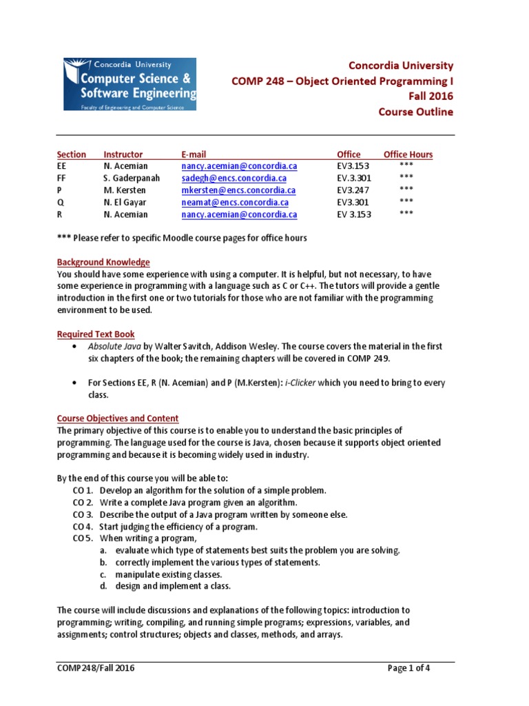 COMP 248 Outline Fall 2016 | PDF | Class (Computer Programming) | Test ...