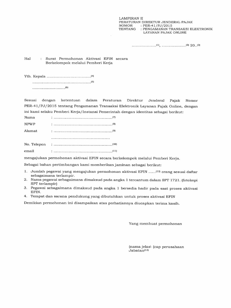 Form Surat Permohonan Aktivasi Efin Secara Berkelompok | PDF