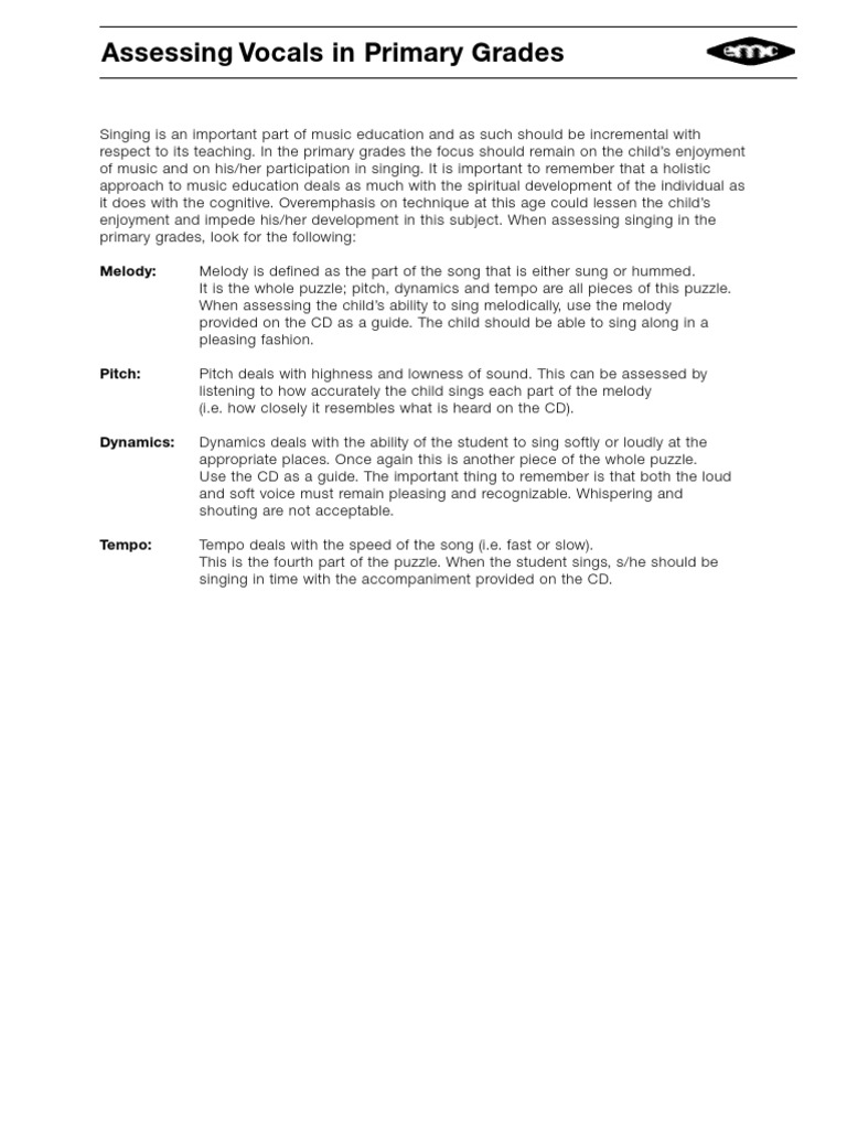 Rubricsmusic Grade 1 | PDF | Rubric (Academic) | Singing