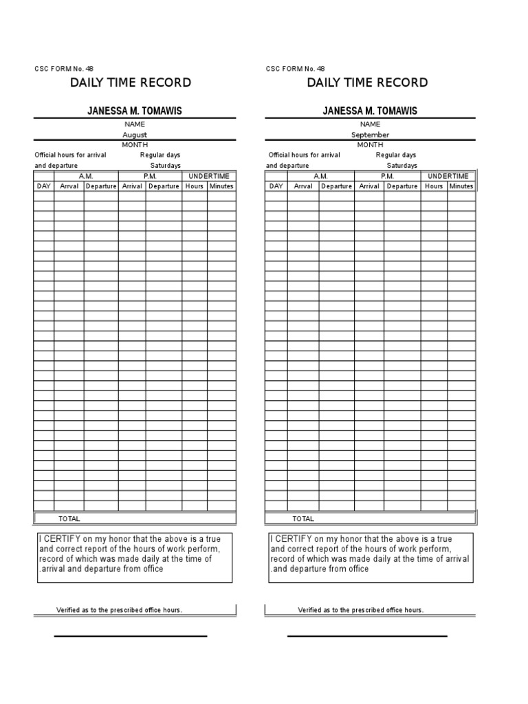CSC Form 48 Daily Time Record Template | PDF