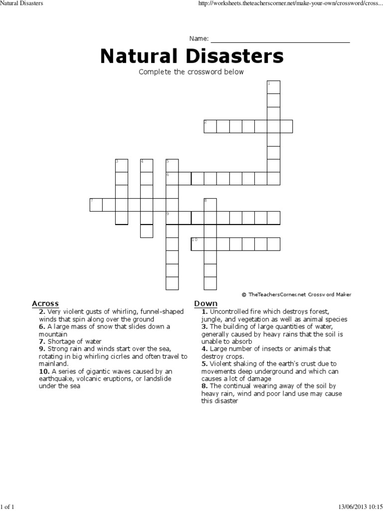 Natural Disasters: Complete The Crossword Below | PDF