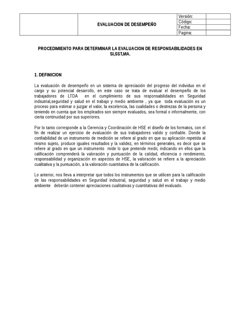 Procedimiento Evaluacion de Desempeño Si, SST, Ma | PDF
