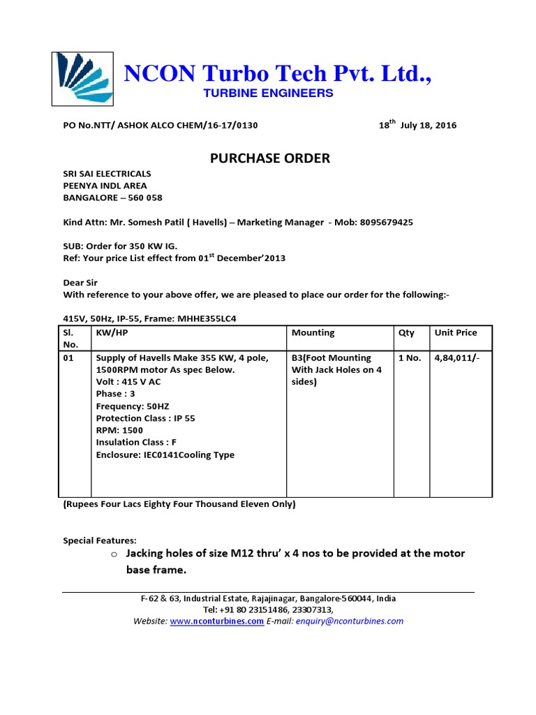 NCON Turbo Tech Pvt. LTD.,: Purchase Order | PDF