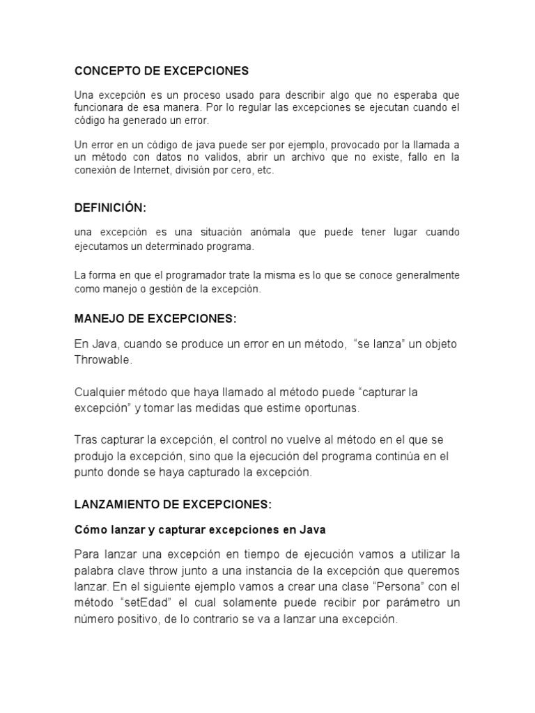 Concepto de Excepciones | PDF | Java (lenguaje de programación) | Programa de computadora