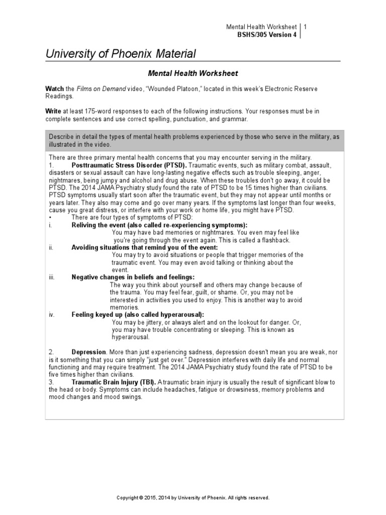 Mental Health Worksheet | PDF | Posttraumatic Stress Disorder ...