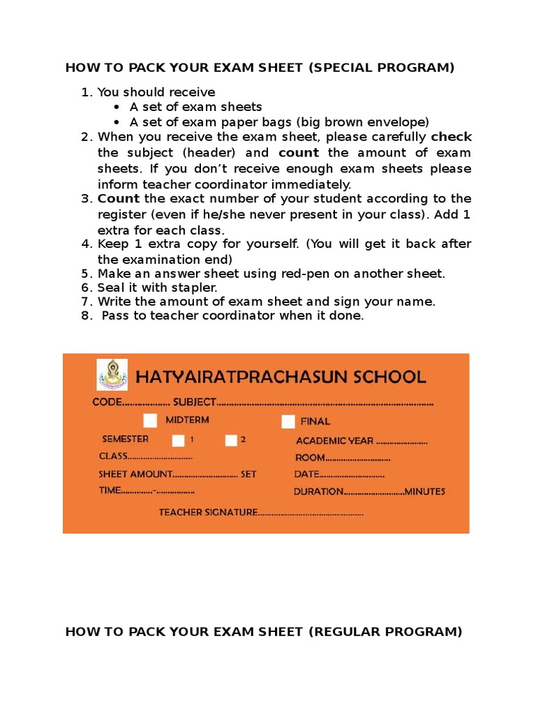 Exam Sheet Packing Instructions Guide | PDF