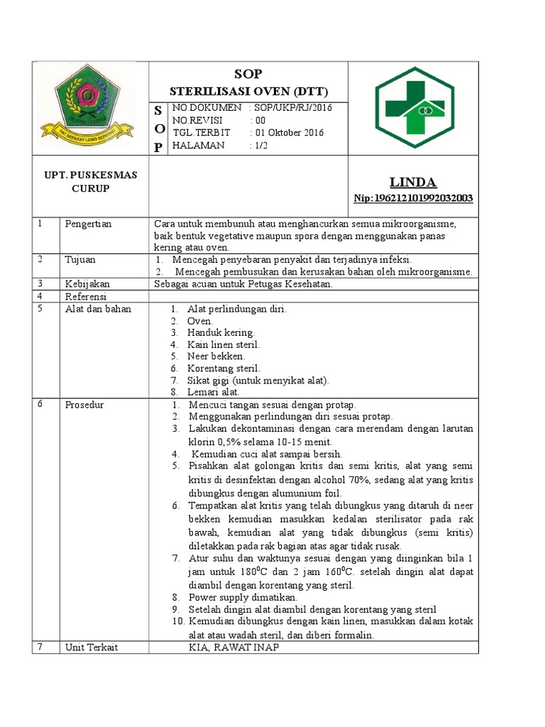 Sop Sterilisasi Oven (DTT) | PDF