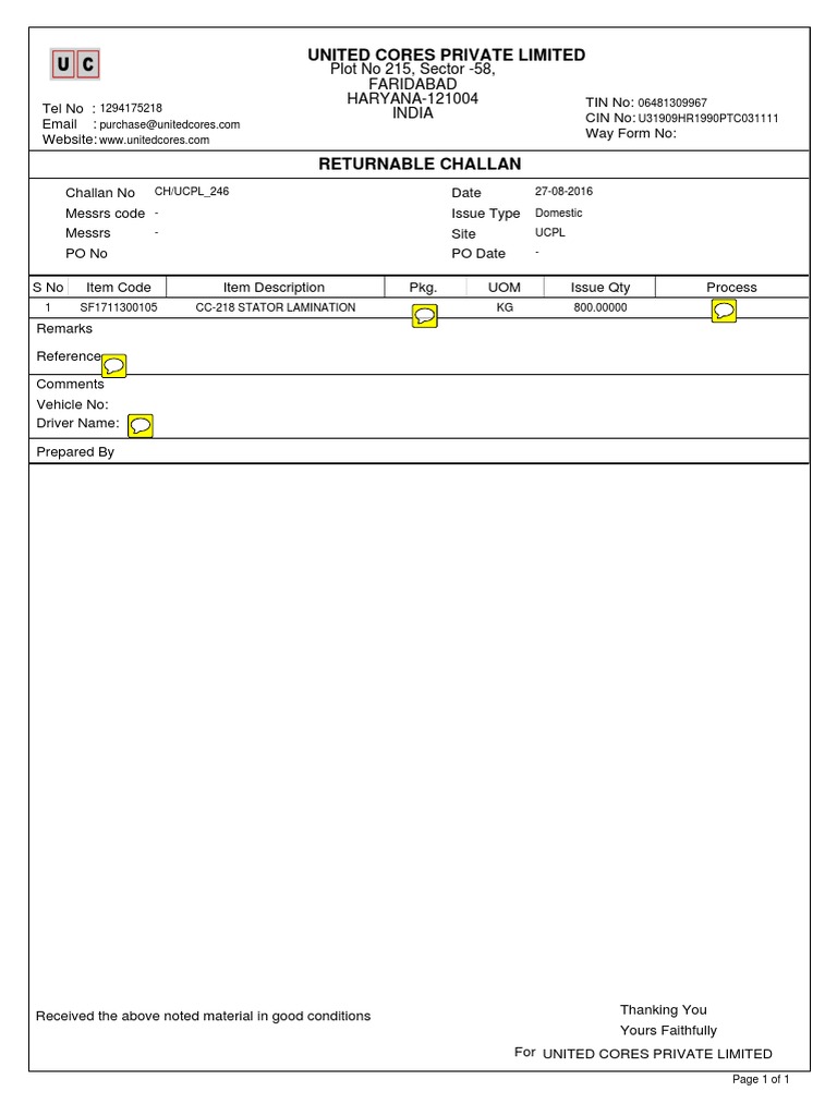 Returnable Challan for UCPL Materials | PDF