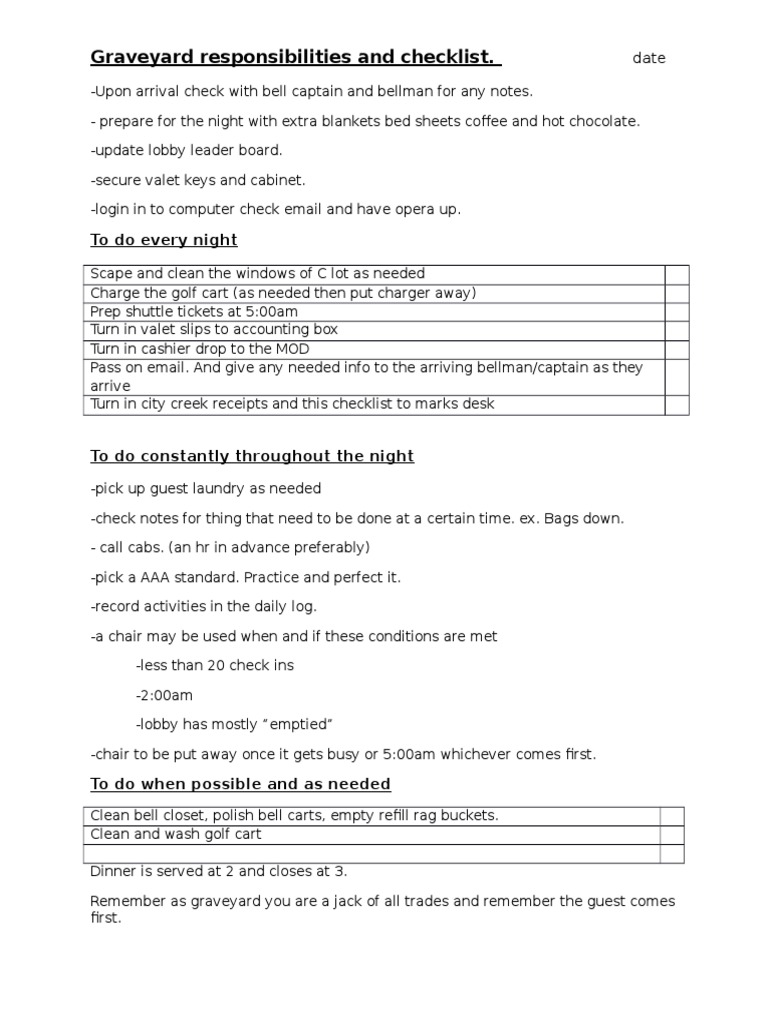 Graveyard Responsibilities and Checklist | PDF