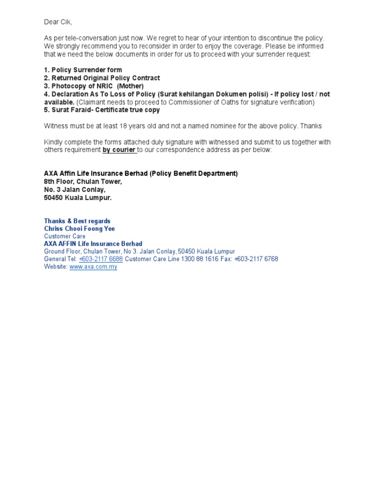 AXA Affin Life Insurance Berhad (Policy Benefit Department) | PDF