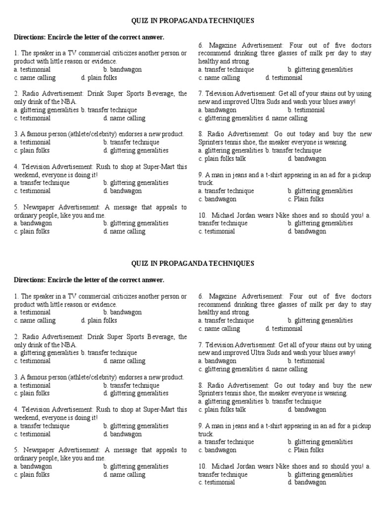 Propaganda Techniques Quiz With Answers Pdf