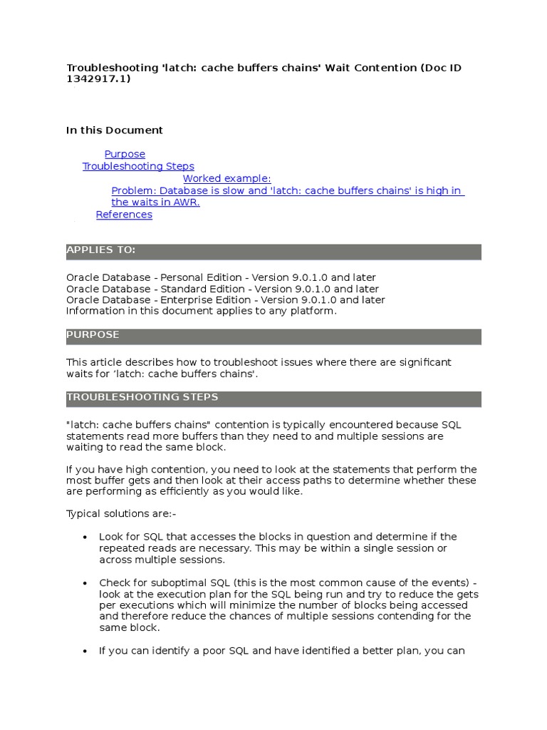 Troubleshooting 'Latch Cache Buffers Chains' Wait Contention | PDF | Oracle Database ...