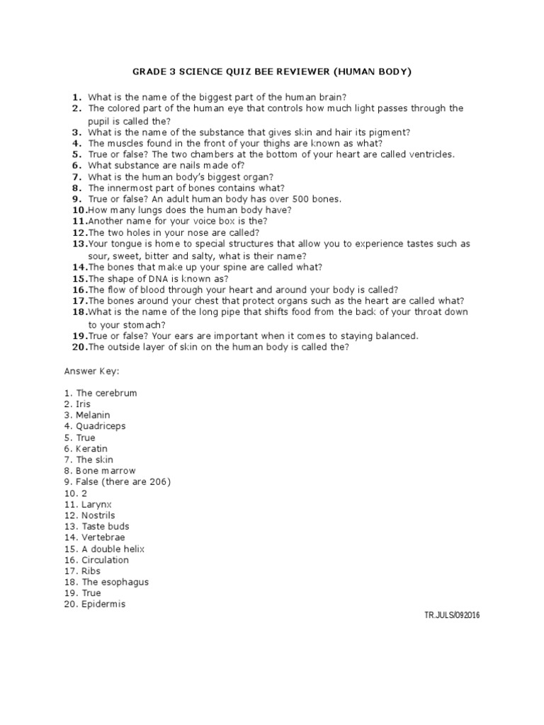 Grade 3 Human Body Science Quiz | PDF | Human Body | Skin