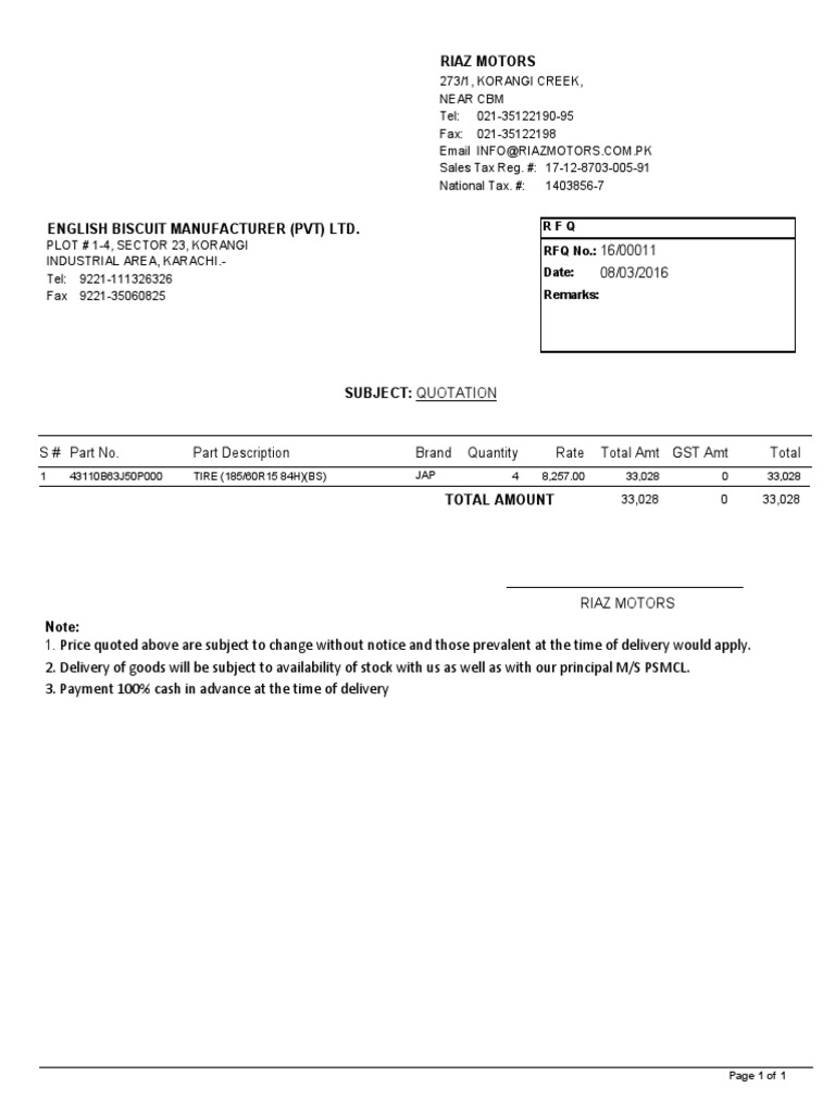 Tyre Quotation EBM 1 | PDF