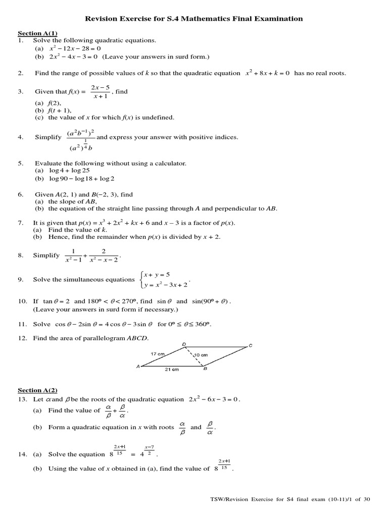 S4 Mathematics Final Exam Revision | PDF | Teaching Methods & Materials